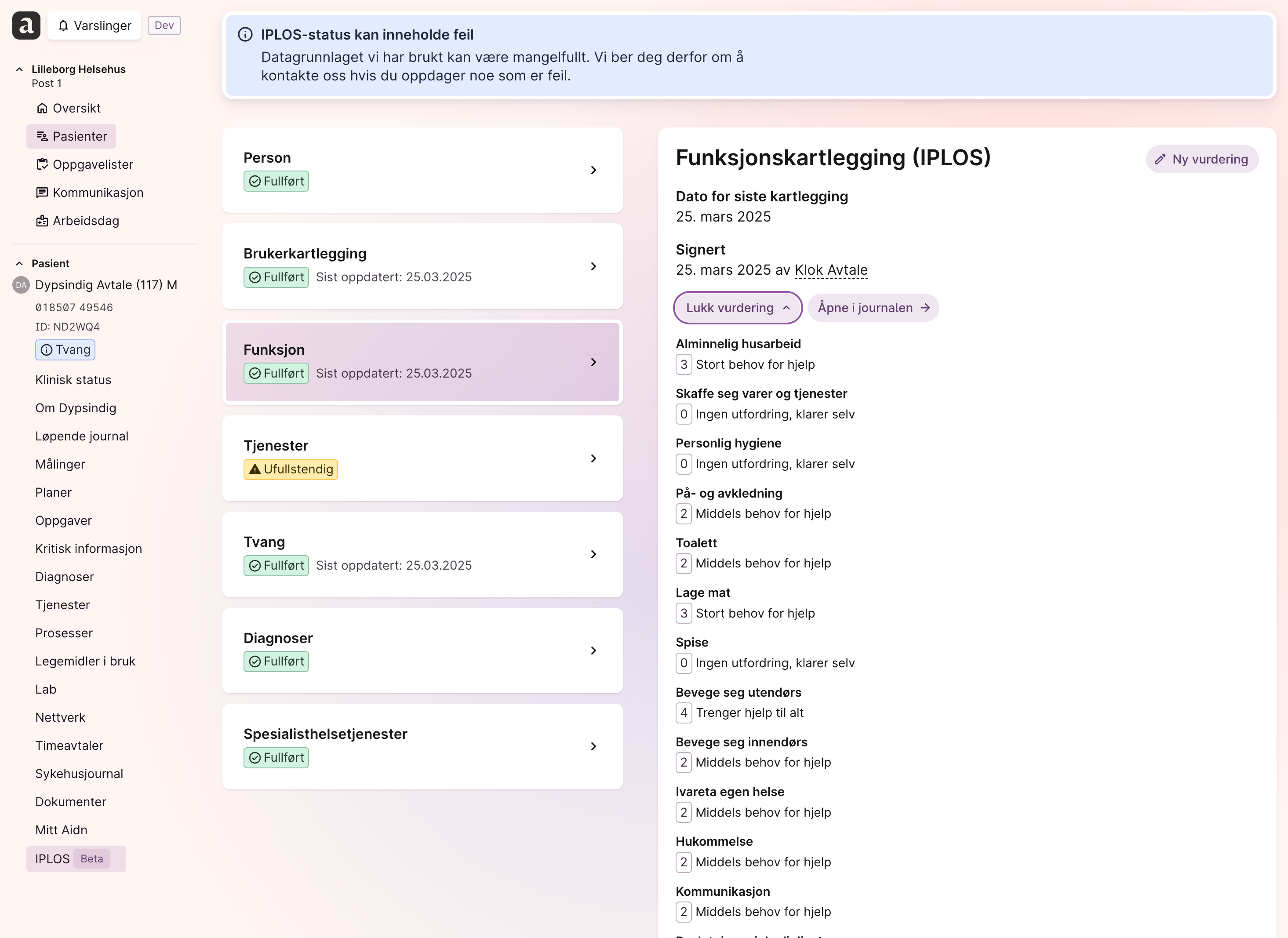 Registrere informasjon til KPR-registeret (IPLOS) for en pasient